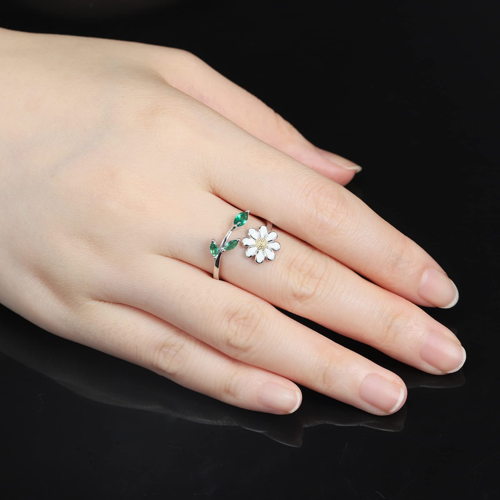 Bolelis 925-Sterling-Silver Sunflower Daisy Ring for Women - Cute Leaf Adjustable You are My Sunshine Ring,Promise Engagement Ring Jewelry for Women Girlfriend (Daisy Ring)