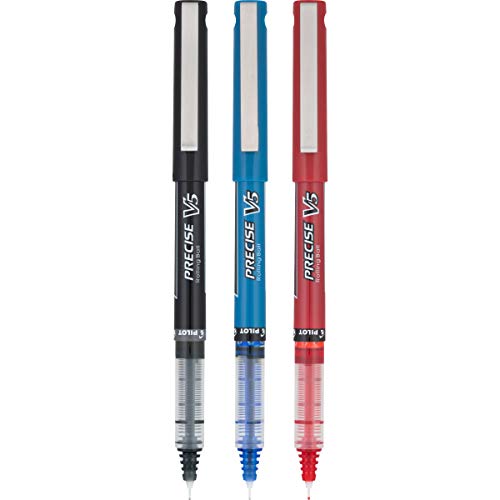 PILOT Precise V5 Stick Liquid Ink Rolling Ball Stick Pens, Extra Fine Point (0.5mm) Black/Blue/Red Inks, 3-Pack (35354)