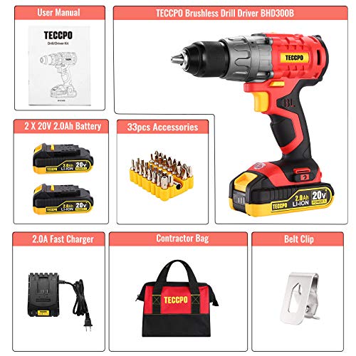 Cordless Drill Set, 20V Brushless Drill Driver, 2x 2.0Ah Li-ion Batteries, 530 In-lbs Torque, 1/2β All-metal Chuck, 21+1 Torque Settings, 0-1500RPM Variable Speed, 33pcs Accessories with Case