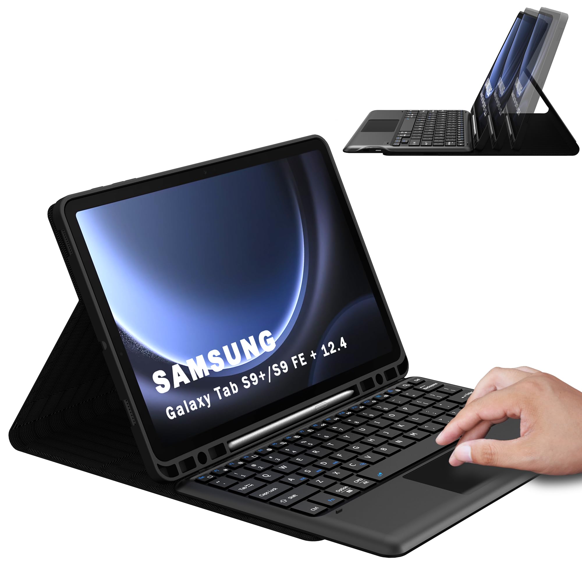 DOMEUN Galaxy Tab S7 FE/S7 Plus/S8 Plus Case with Keyboard 12.4 inch - 7 Color Backlit Detachable Wireless Touchpad Keyboard Cases with S Pen Holder for Samsung Tab S8+ 2022/S7 FE 2021/S7+ 2020