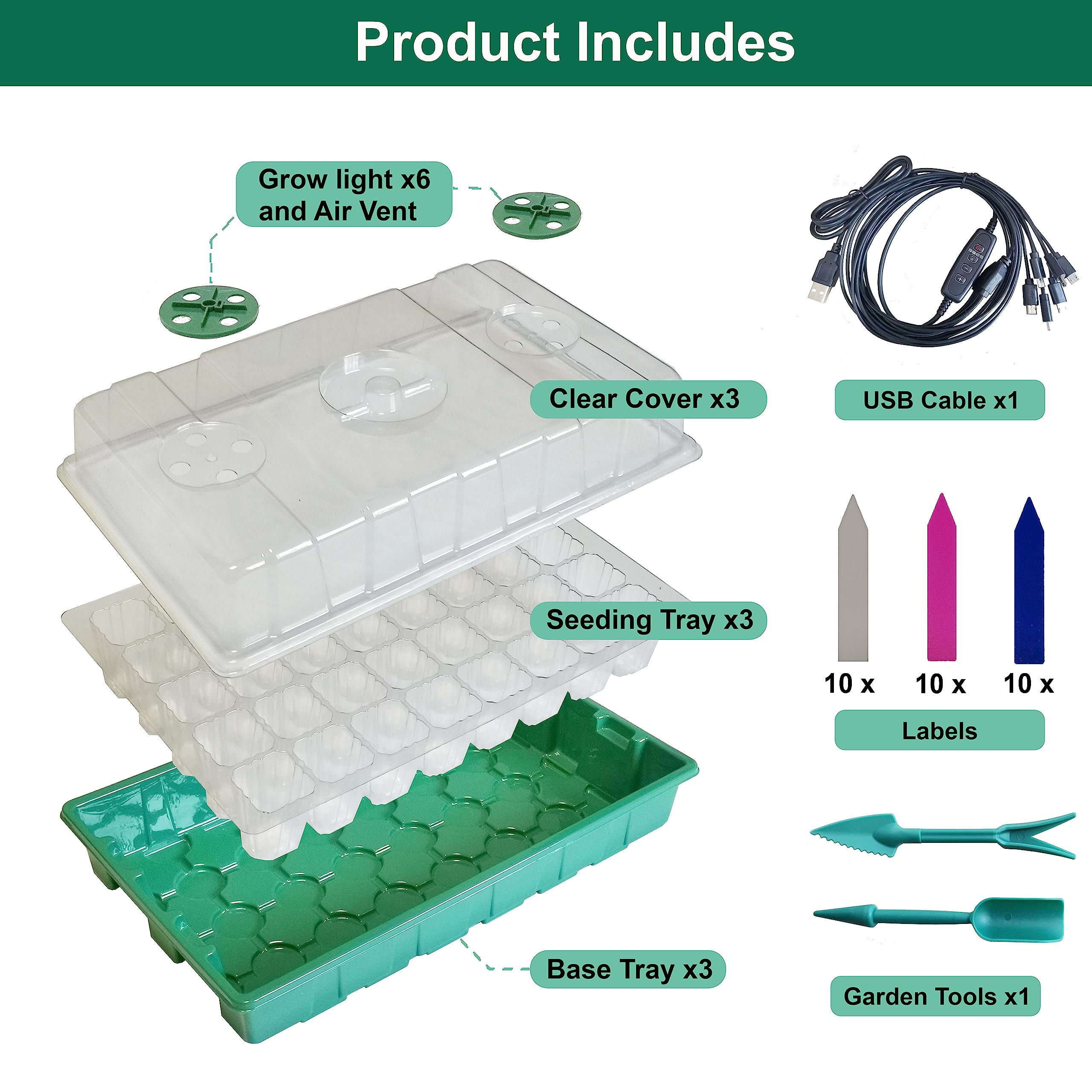 Bornfornice Seed Starter Tray with Grow Light, 3 Pack 120 Cells Seed Starter Kit with Timing Controller Adjustable Brightness, Thicken Seedling Starter Trays with Humidity Domes Heightened Lids