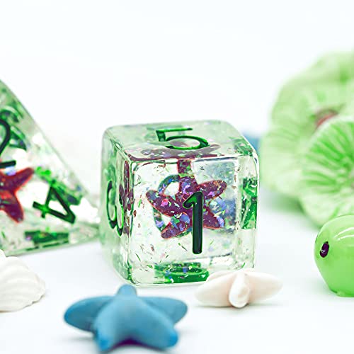 UDIXI 7PCS DND Dice, D&D Dice, Ocean Polyhedral Dice Set Role Playing Dice for Dungeons and Dragons RPG MTG Table Games (Green-Purple Starfish)