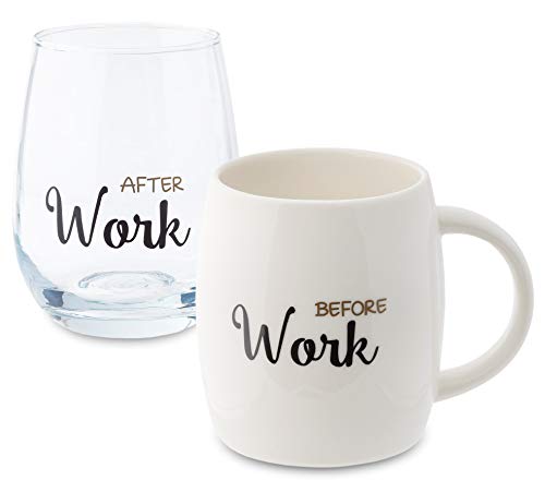 Coffee Mug Wine Gift Set, White Cup and Stemless Wine Glass Set for Coworker Best Friend Teacher Doctor Nurse Dentist Women Men Graduation Wedding Birthday Present Secret Santa Holiday (Work)