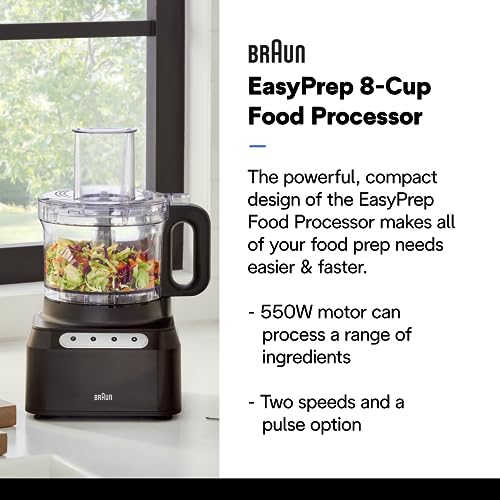 Braun EasyPrep 8-Cup Food Processor, Black - Two Speeds + Pulse Mode - Precision Knife Blade & 2-in-1 Slicing Disc - Secure Design - Easy Cleanup - Dishwasher Safe