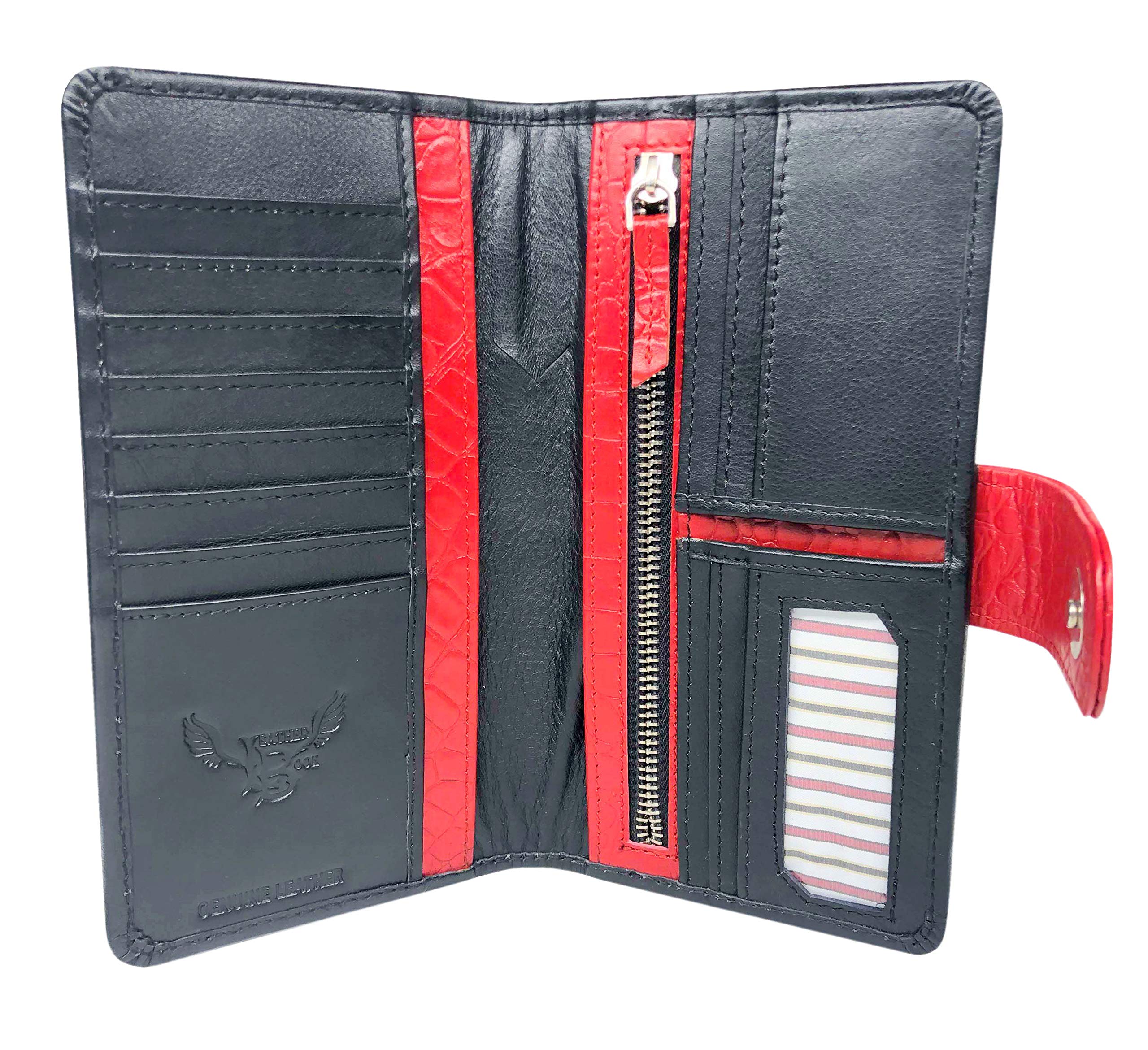Leather Book LW-1804 Red Crocodile Ladies Wallet|10 card slots|1 card window|4 slide pockets|1 zip pocket | Black Cowhide & Red cowhide Crocodile Print Leather