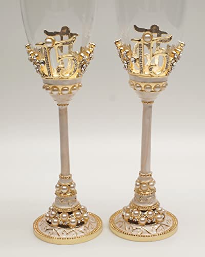 Lassos Boutique Quinceanera Sweet 15 Champagne Toasting Flutes and Cake Knife Pie Server Set, Gold (Champagne Flutes Only)
