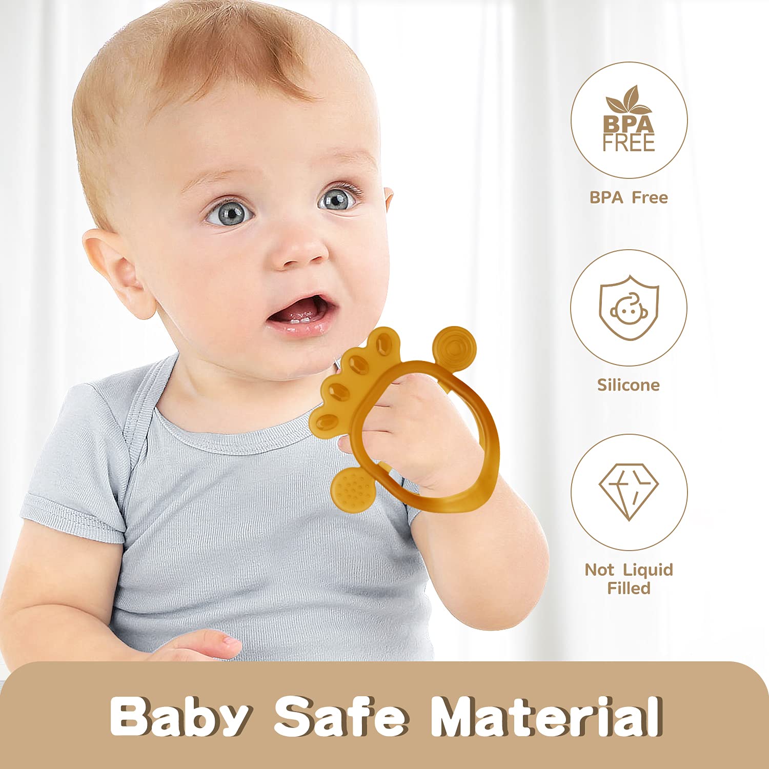 Termichy Teething Toys for Babies 0-6 Months, Soft Baby Teether for Soothe Babies Sore Gums for New Born Breast Feeding Babies, Freezer Safe BPA-Free Hands Free Design(Amber,1 Pack)