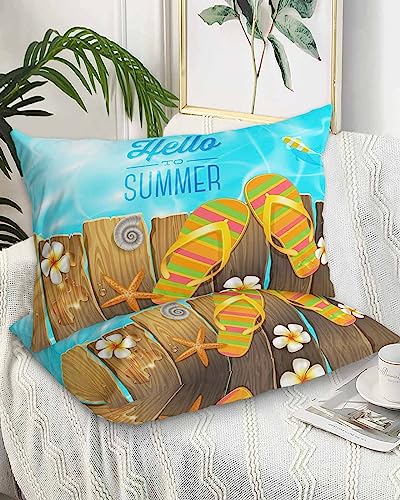 Edwiinsa Hello Summer Pillow Covers King Standard Set of 2 20x36 Bed Pillow, Tropical Ocean Starfish Slippers Spring Floral Plush Soft Comfort for Hair/Skin Cooling Pillowcases with Envelop Closure