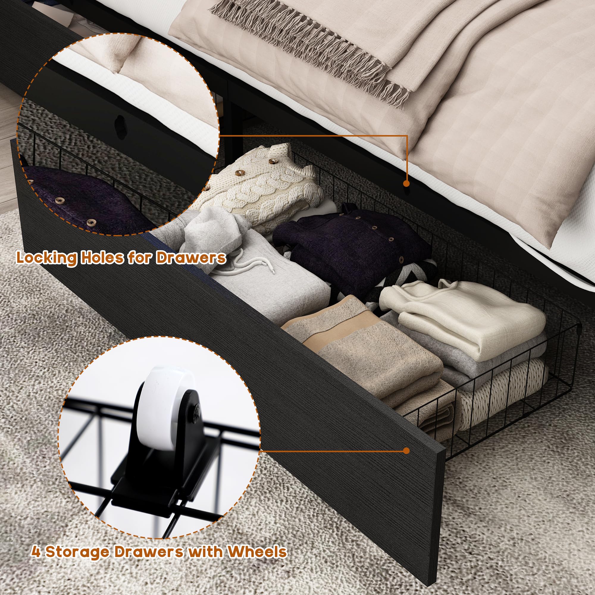 Hlivelood Full LED Bed Frame with Storage Headboard & 4 Drawers, Metal Platform Bed Frame with Charging Station, Bookcase Storage, No Box Spring Needed, Easy Assembly, Black