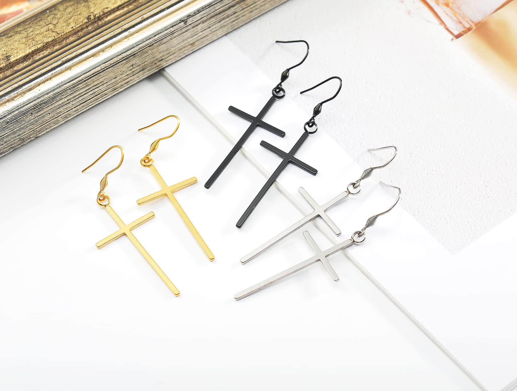 Cross Earrings for Women Stainless Steel Long Slim Dangle Cross Earrings 3 Pairs Silver Gold Black