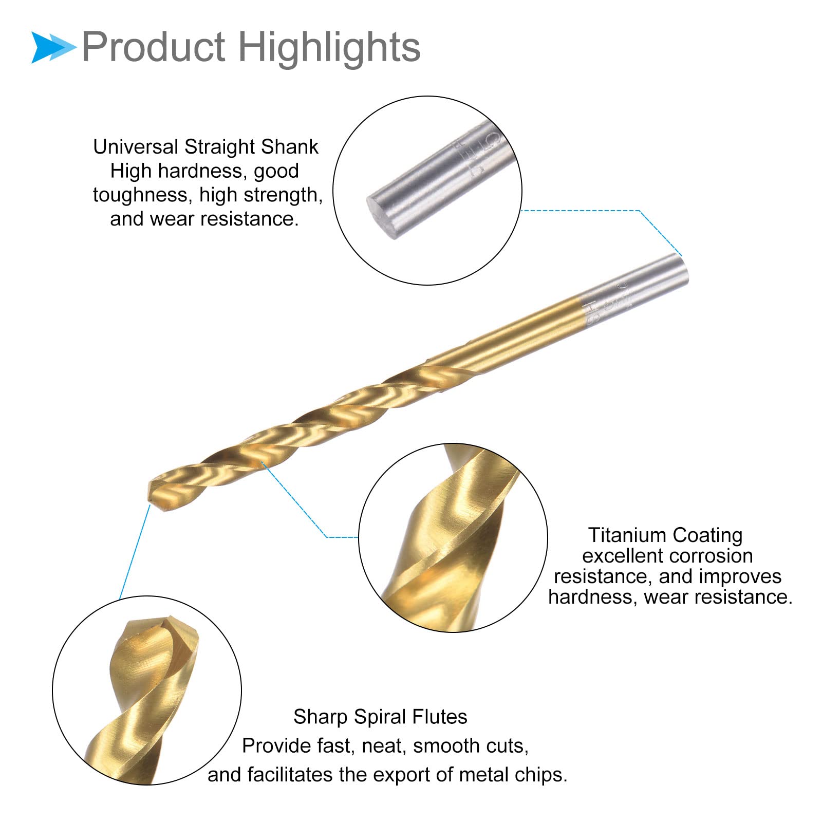 CoCud Twist Drill Bits, 5.4mm Drilling Diameter, Titanium Coated High Speed Steel 6542 Straight Round Shank - (Applications: for Stainless Steel Alloy Metal), 2-Pieces