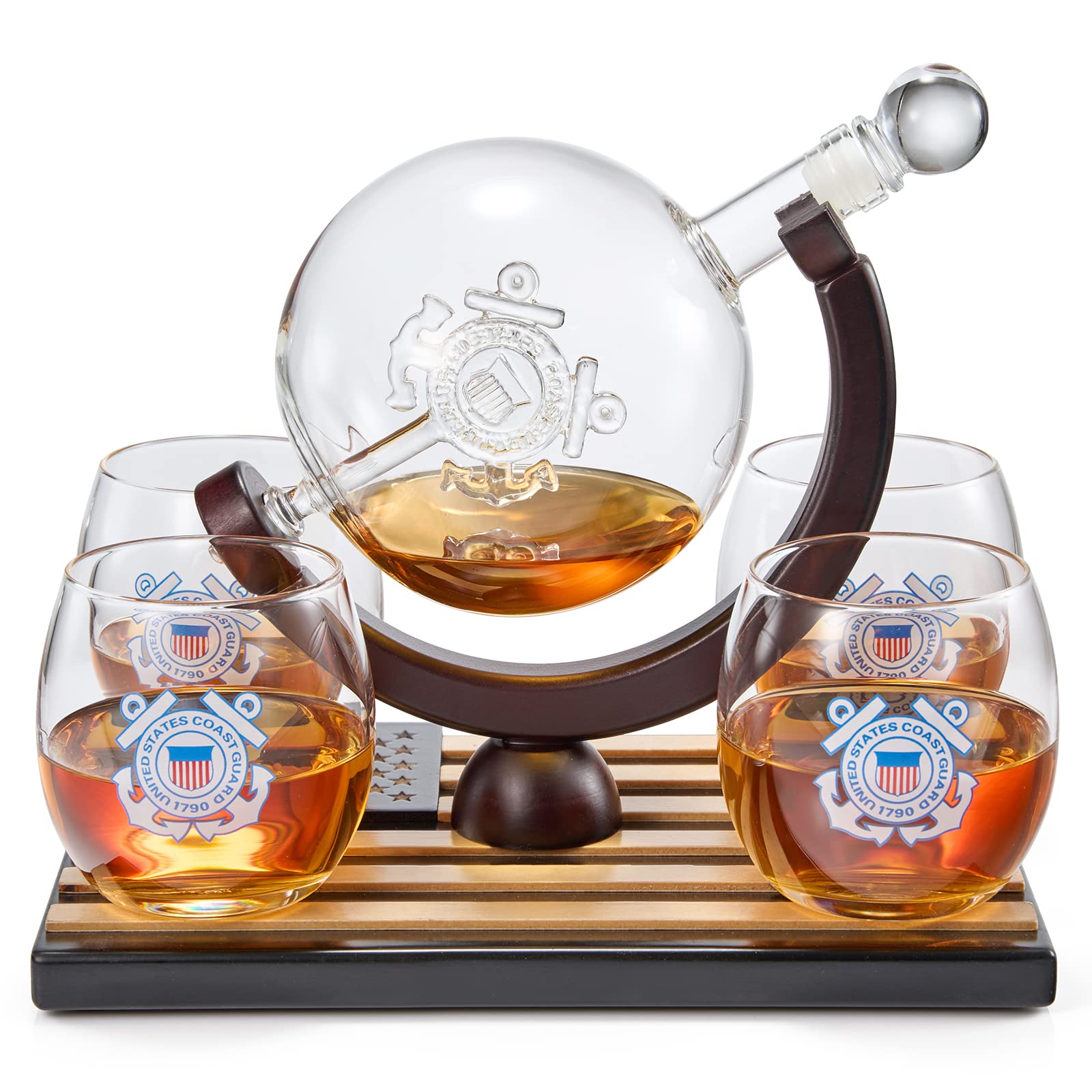 Coastguard Gift Whiskey & Wine Decanter Set & 4 Liquor Glasses - US Coast guard 800 ML Whiskey Decanter & 11 OZ Glass Set with Wood Base - Gifts for Men - Bourbon and Scotch Decanter Military Gifts