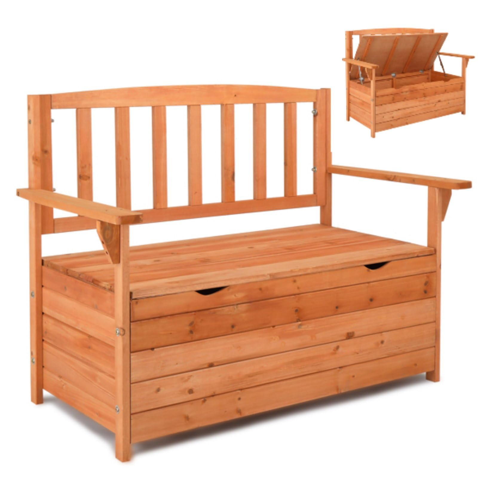 HMXD Cedar Wood Deck Box Bench, Storage Box with Backrest Armrest, All-Weather Yard Container Furniture for Tools, Toys, Outdoor Storage Bench Deck Box w/Seat for Backyard, Porch, Patio, Garden