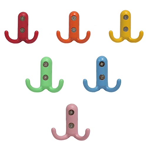 Kids Coat Hook Colorful Wall Hooks Decorative Metal Double Hooks for Hanging Towels Backpack Keys Cute Small Hook Children's Room Nursery Decor 6 Pack Wall Mounted
