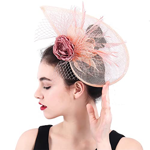 Champagne Flax Yarn Big Hats Women Feather Flower Church for Wedding Hat Cocktail Bride Accessories Yellow One Size