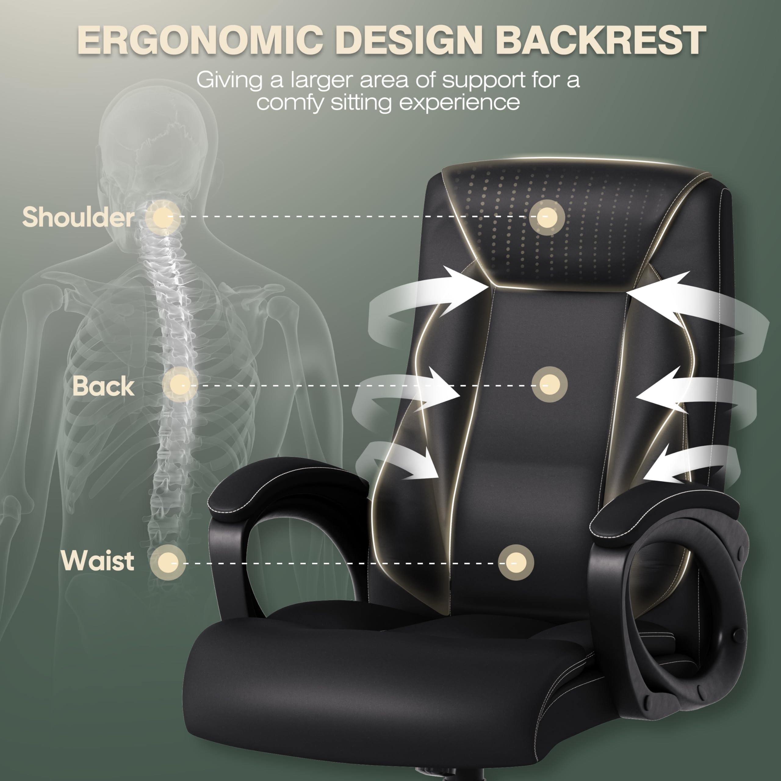 ELABEST Ergonomic Office Chair,Big and Tall Leather Office Chair,Comfortable Executive Office Chair,High Back,Computer Desk Chair, Modern Office Chair,Comfy Office Chair with Padded Armrests, Black