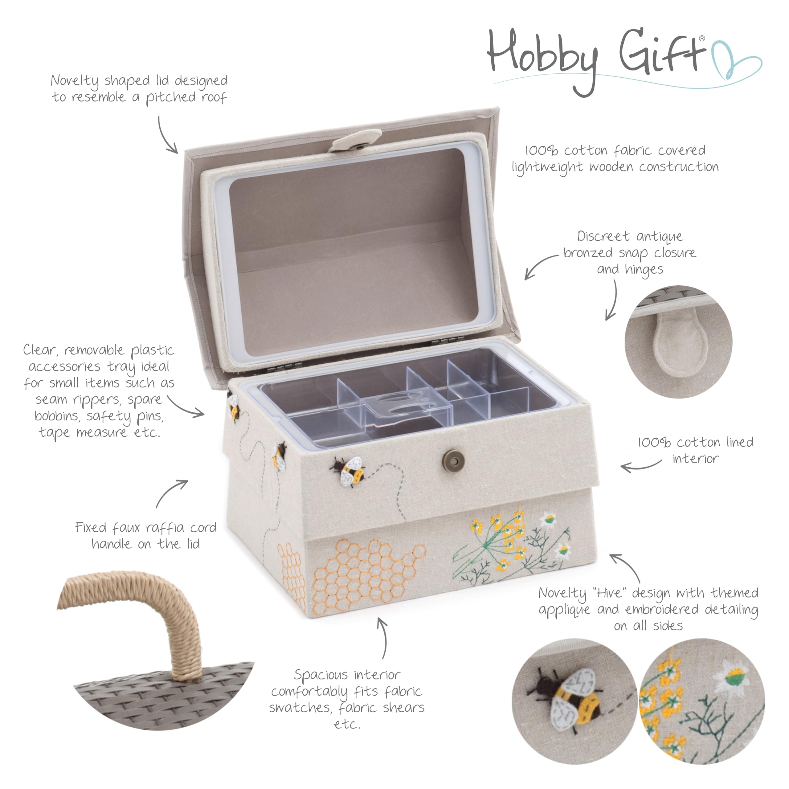 Hobby Gift Sewing Basket – 11.5 x 8.25 x 9 Novelty Sewing Box with Removeable Tray, Craft Storage & Hobby Organiser for Sewing Supplies – Bee