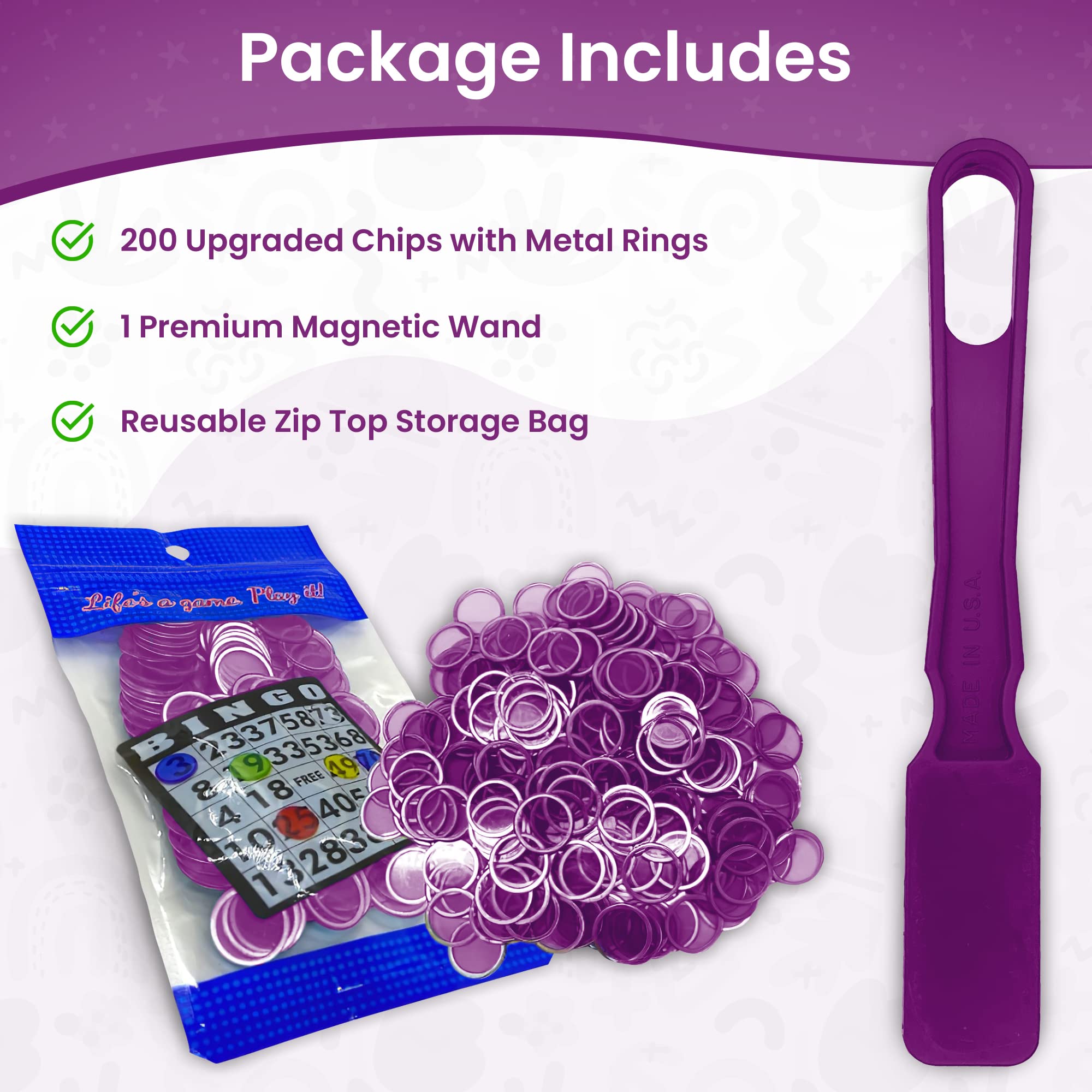 MR CHIPS Made in USA Bingo Magnetic Wand & ¾ Inch Purple Plastic Chips with Metal Rings - 200 Upgraded Pieces Bingo Chips Magnetic, Support American Jobs
