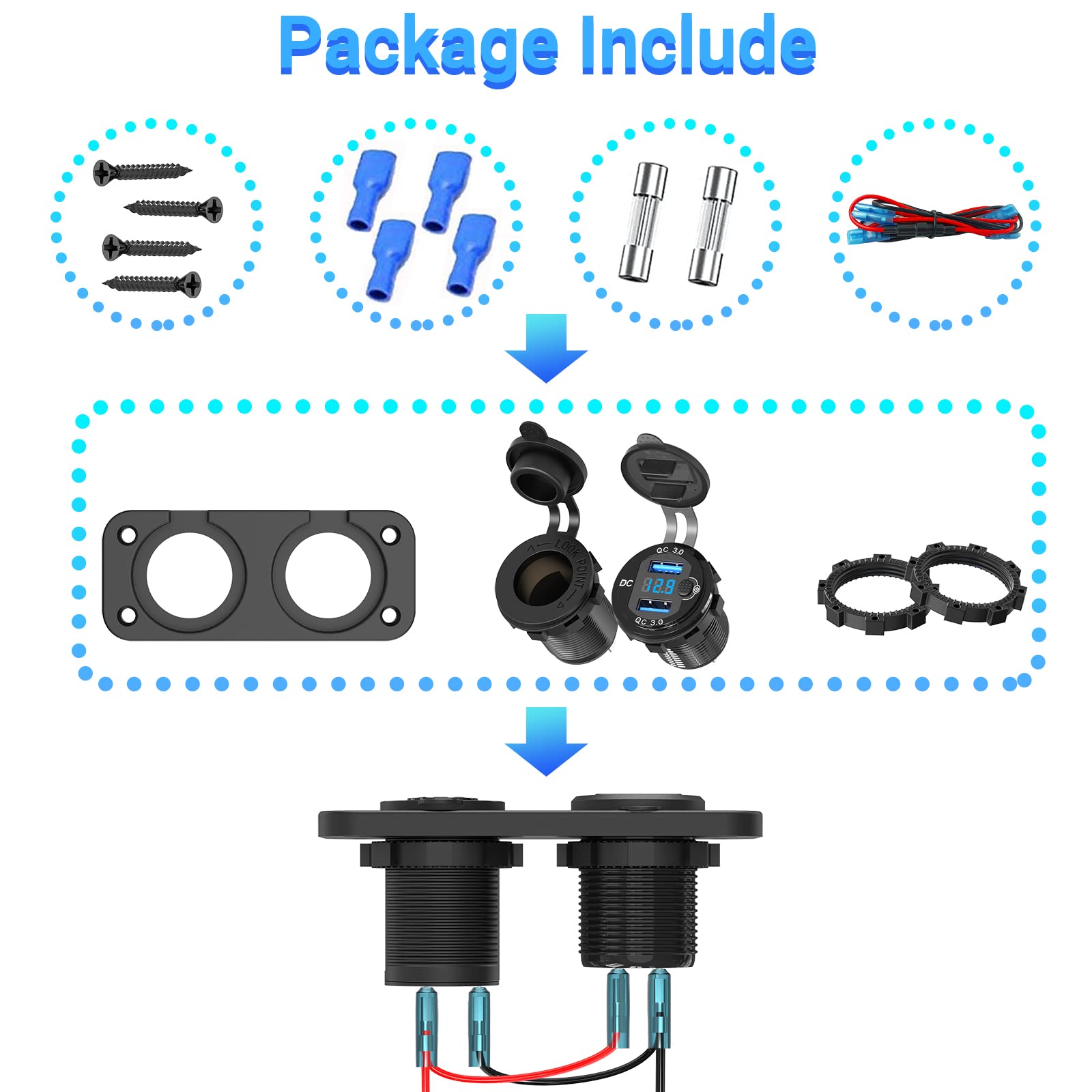 Cigarette Lighter Socket 12V Power Outlet, Qidoe Aluminum 40W Dual QC3.0 USB Charger Socket with LED Voltmeter Switch,150W DC Lighter Socket Waterproof 12V Plug Panel for Car Boat RV Marine Golf Cart