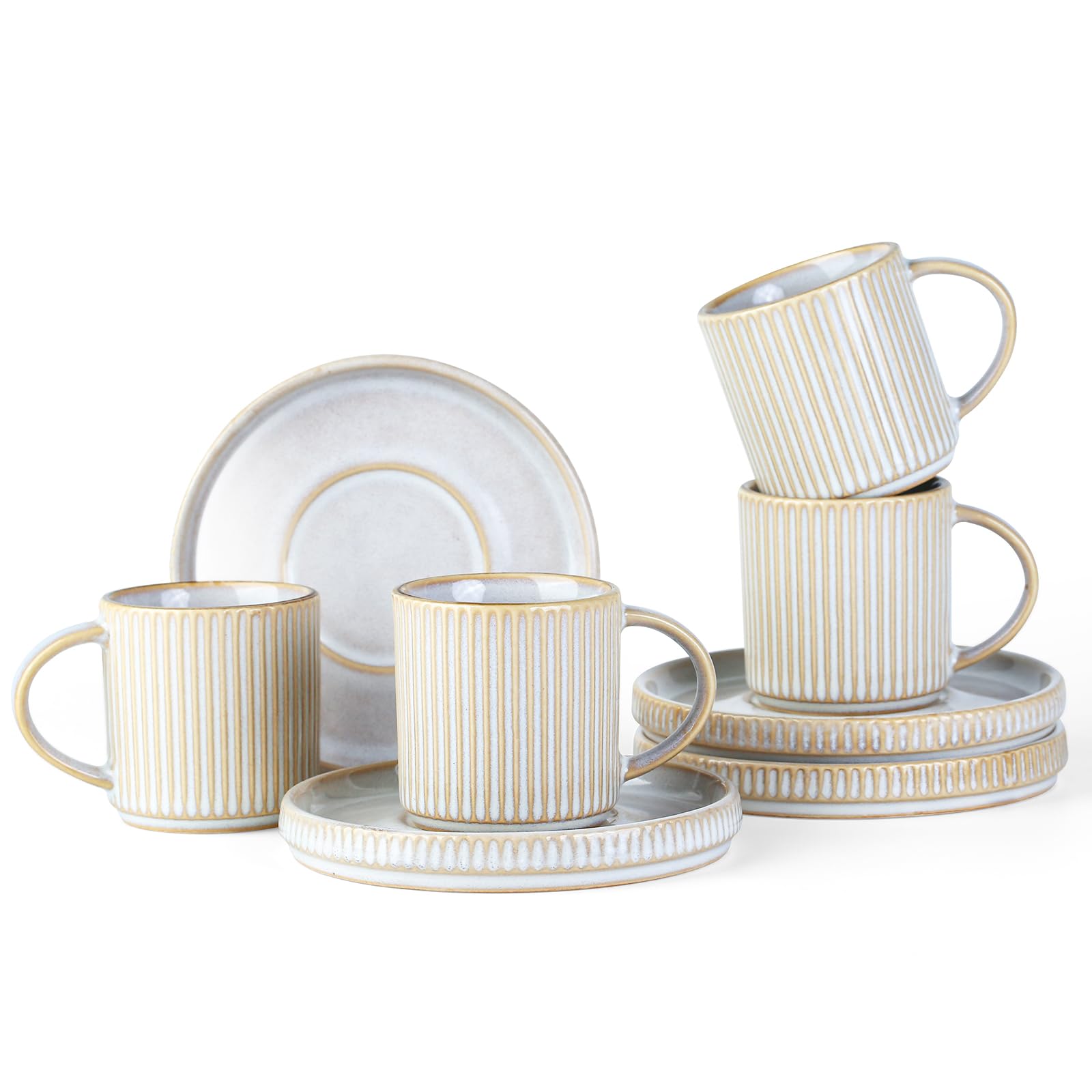 famiware Star Espresso Cups and Saucers Set of 4, [ Mini ] 3 oz Ceramic Small Coffee Mug with Handle, Ribbed Stoneware Demitasse Cup for Tea, Latte - Microwave & Dishwasher Safe - Cappuccino White