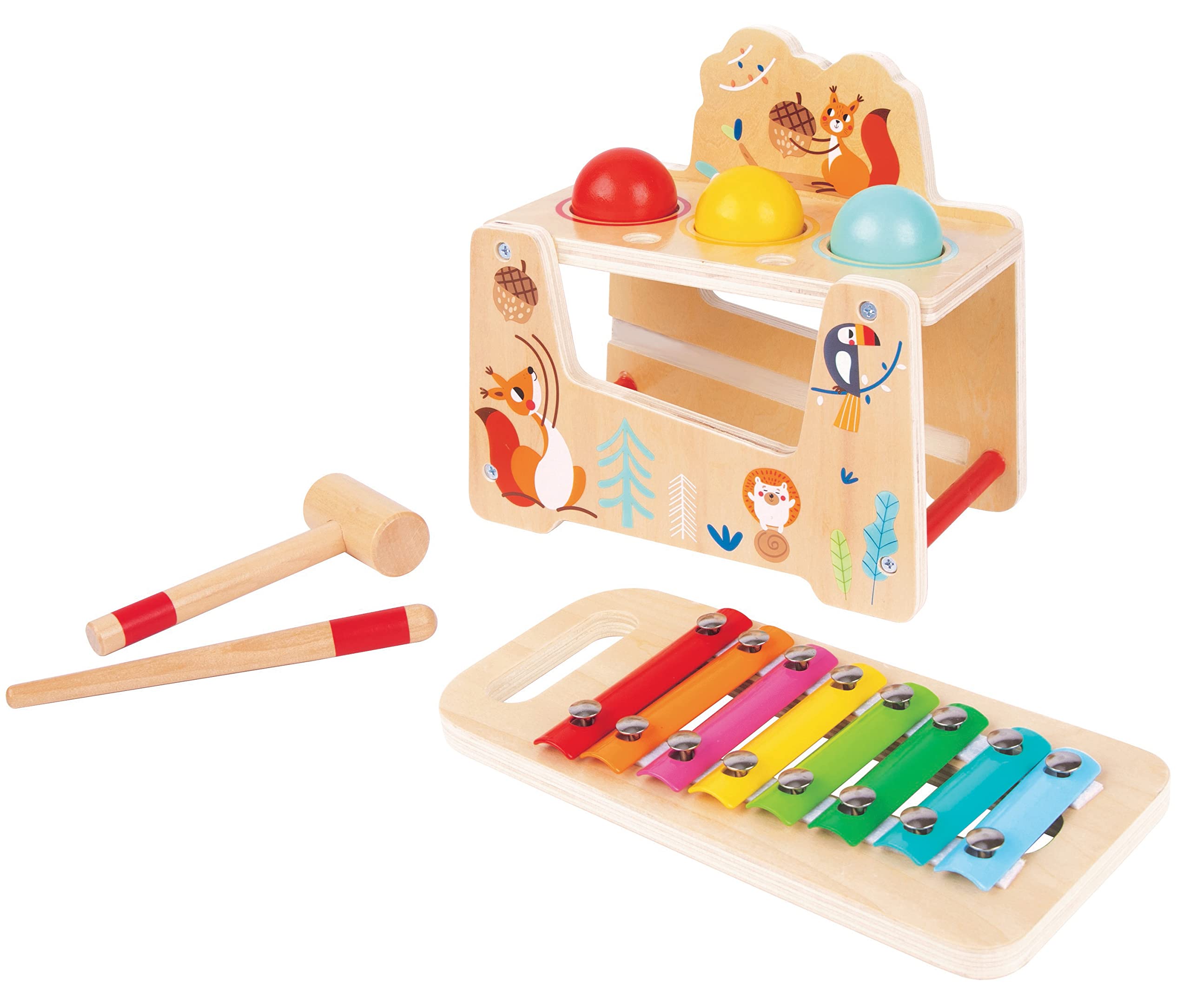 TOOKYLAND Pound a Ball Toy - 7pcs - Wooden Pounding and Hammering Bench with Xylophone; Educational Ball Drop Tap Game for Toddlers 1 Year Old +
