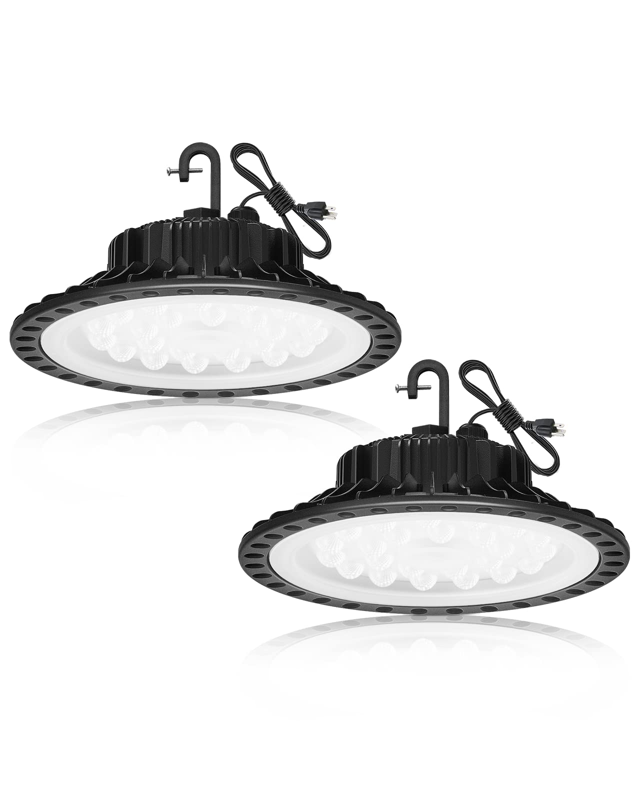 FAMURE LED UFO High Bay Light, 2Pack 100W 12000LM with Plug 5ft Cords Led 6000K Workshop Lighting IP65 Waterproof Outdoor Security Light led floodlight Garage Lighting LED Commercial Bay Lighting