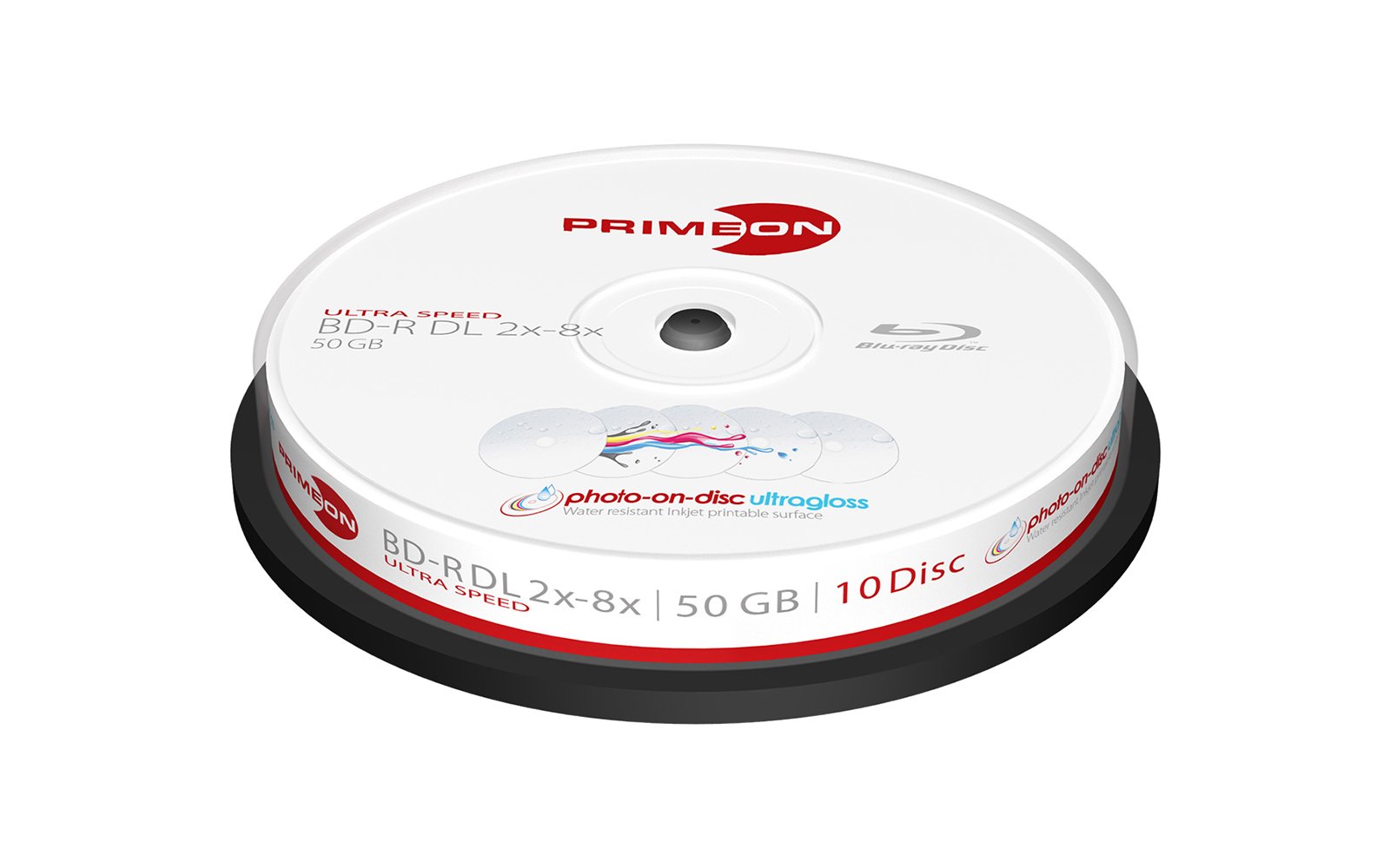 Primeon BD-R DL 50GB/2-8x Cakebox (10 Disc), Photo-on-disc ultragloss Surface, Water Resistant Inkjet Fullsize Printable