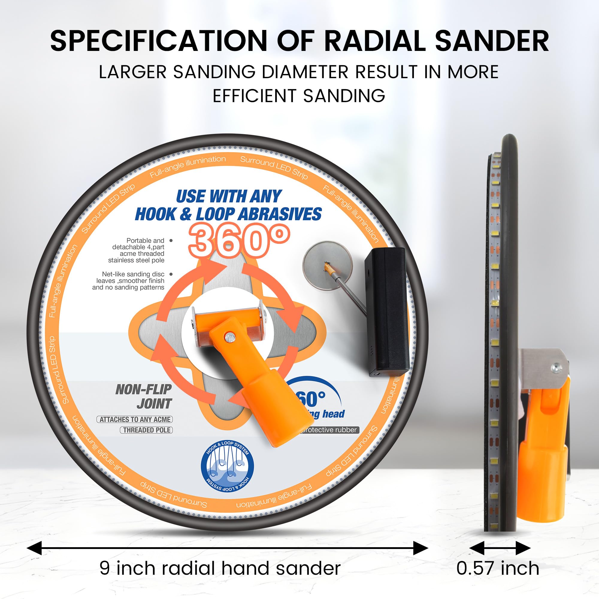 Hohean 9 Inch Drywall Sander with LED Light, Radial Sander with 360 Degree Rotary Round, Drywall Handing Pole Sander for Wall Cleaning and Polishing, Circular Ceiling Sander for Dry Wall and Painting