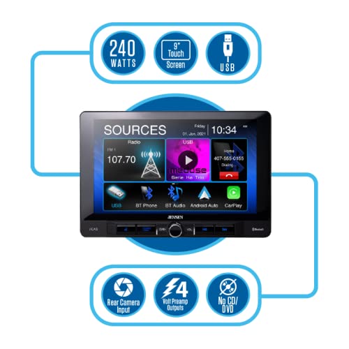 JENSEN J1CA9 9-inch Certified Apple CarPlay Android Auto | Single DIN Touchscreen Car Stereo Radio | Bluetooth Hands Free Calling & Music Streaming | Backup Camera Input | USB Playback & Charging