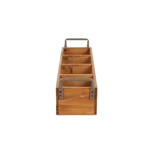 Cheung's FP-3879BR Dark Brown Wooden 4 Slot Storage Caddy with Side Metal Handles and Center Galvanized Accent