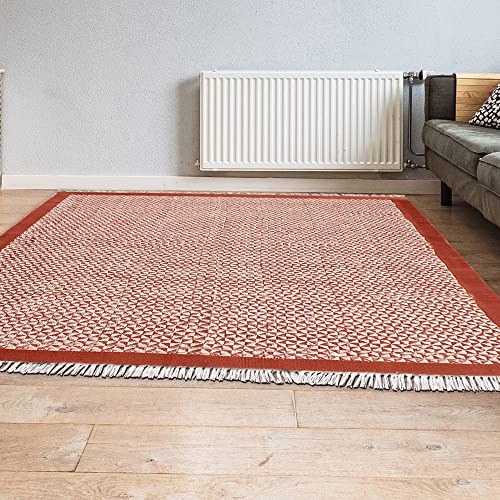 Handmade Geometric Tassel Rug Cotton Easy Washable Rugs Hand Block Printed Boho Area Rug Floor Carpet for Balcony Doormat Entryway Living Room Bedroom Hallway