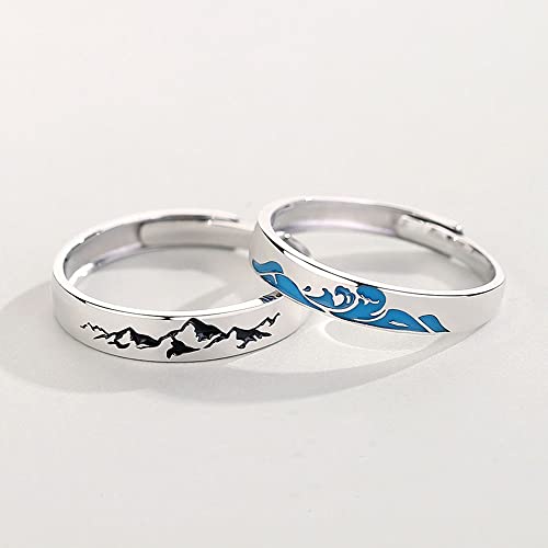 Couple Open Adjustable Rings Mountain and Sea Forever Love Matching Promise Rings Set Matching Rings for Men Women (B), Silver
