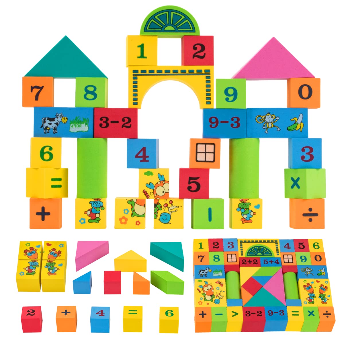 UNIH Foam Building Blocks for Toddler Toy 1-3, Soft Blocks with Number & Cartoon, Colorful Stackable Blocks Toddler Toys for 1 2 3 Year Old Boys Girls Gift