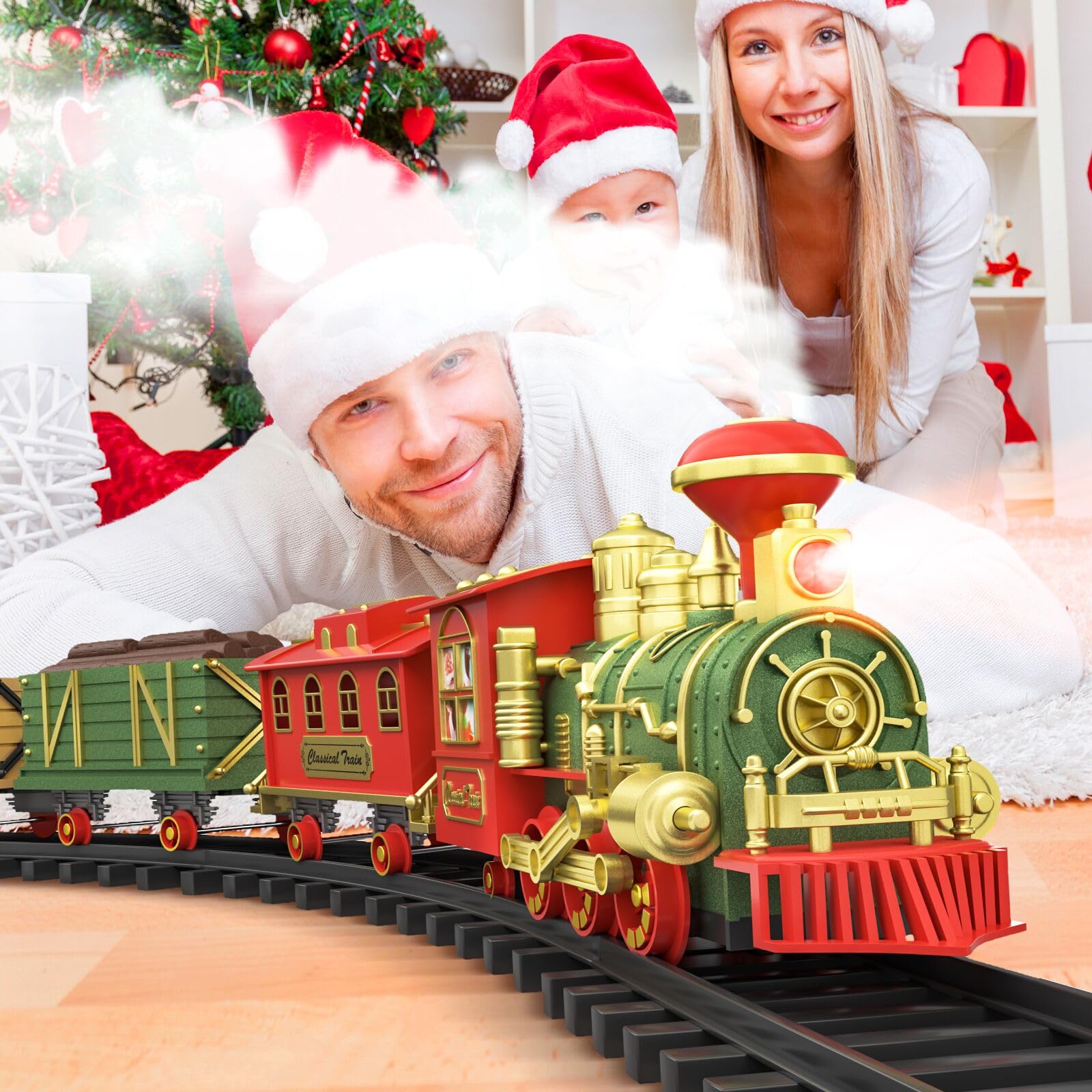Christmas Train Set, Electric Train Around Tree w/Smoke Light & Sound for Kids Train Toy, Steam Locomotive Engine, Cargo Car and Train Tracks