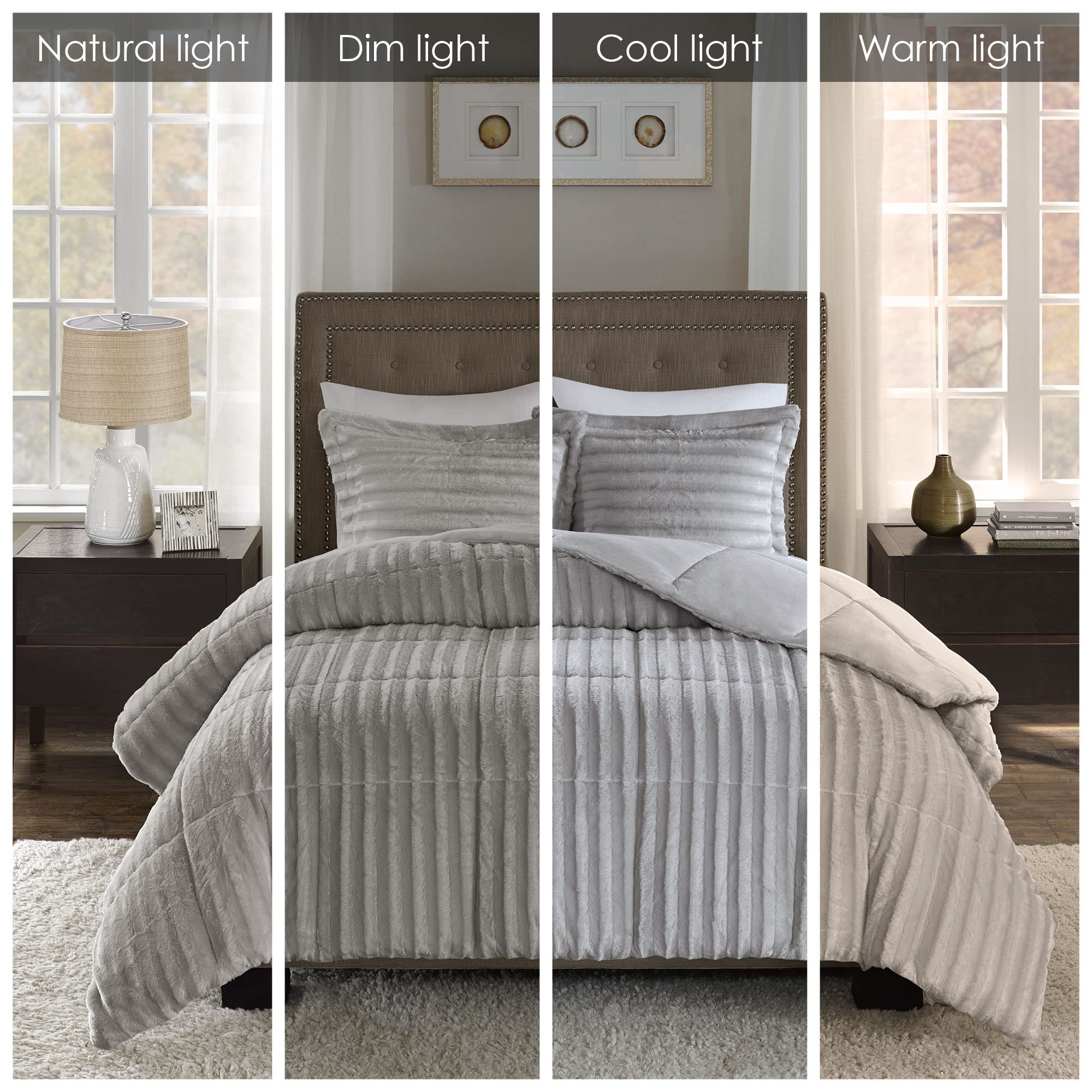 Madison Park Duke Luxe Faux Fur Reversible Comforter Set, Soft Plush Reverse, Modern Down Alternative Filling Cozy Bedding, Box Quilted Warm Cover, Matching Shams, King/California King, Grey 3 Piece