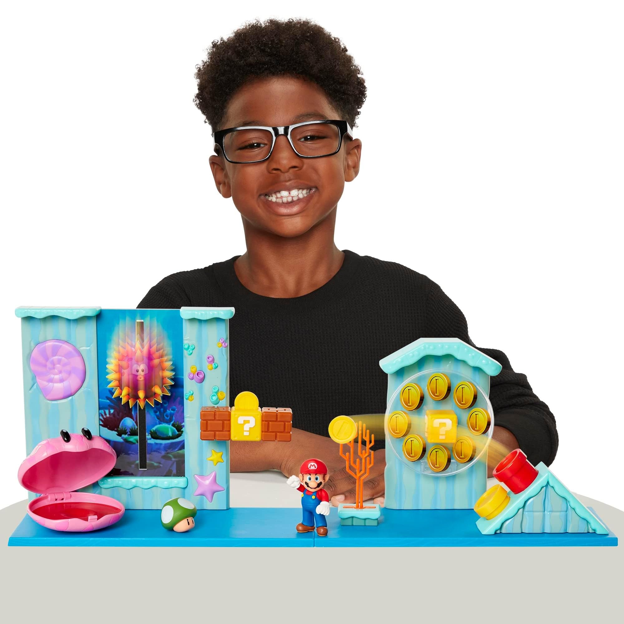 Nintendo Super Mario Deluxe Underwater Playset with 5 Interactive Environmentpiece β Includes 2.5β Mario Figure, 1-Up Mushroom Accessory & Warp Pipe Coin Launcher