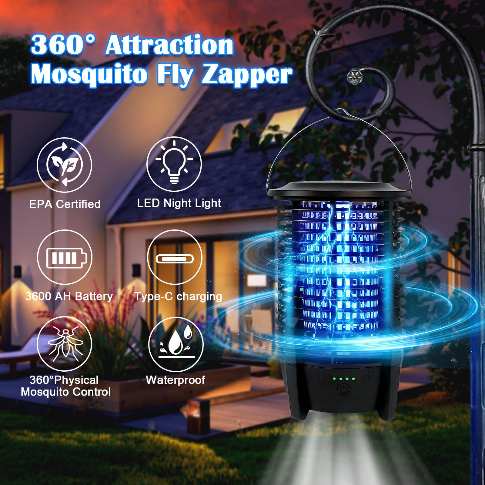 Bug Zapper Outdoor Electric,Indoor Mosquito Zapper with LED Light,Rechargeable Insect Mosquito Killer Fly Zapper, Fly Trap, Insect Trap for Home Camping Lawn Arden