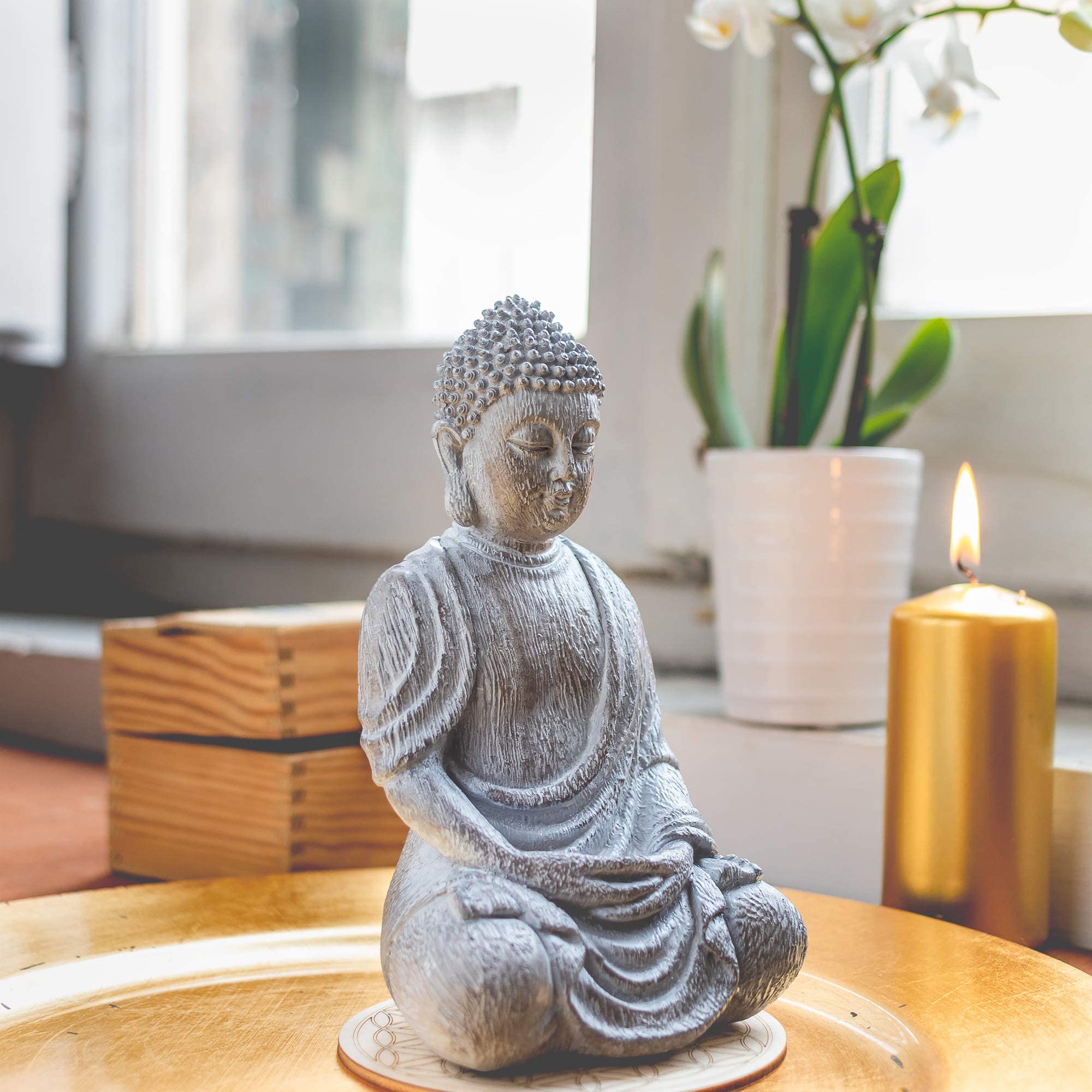 LOTS OF ZEN Mini Buddha Statue β 6.7 inch Buddha Statue with Wooden Round Base Included β Mini Buddha Statue for Spiritual Home Decor