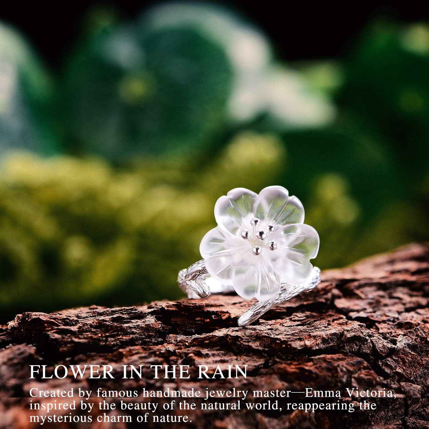 Lotus Fun S925 Sterling Silver Ring Flower in the Rain Open Simulated Crystal Ring Handmade Jewelry Unique Gifts for Women (Silver)