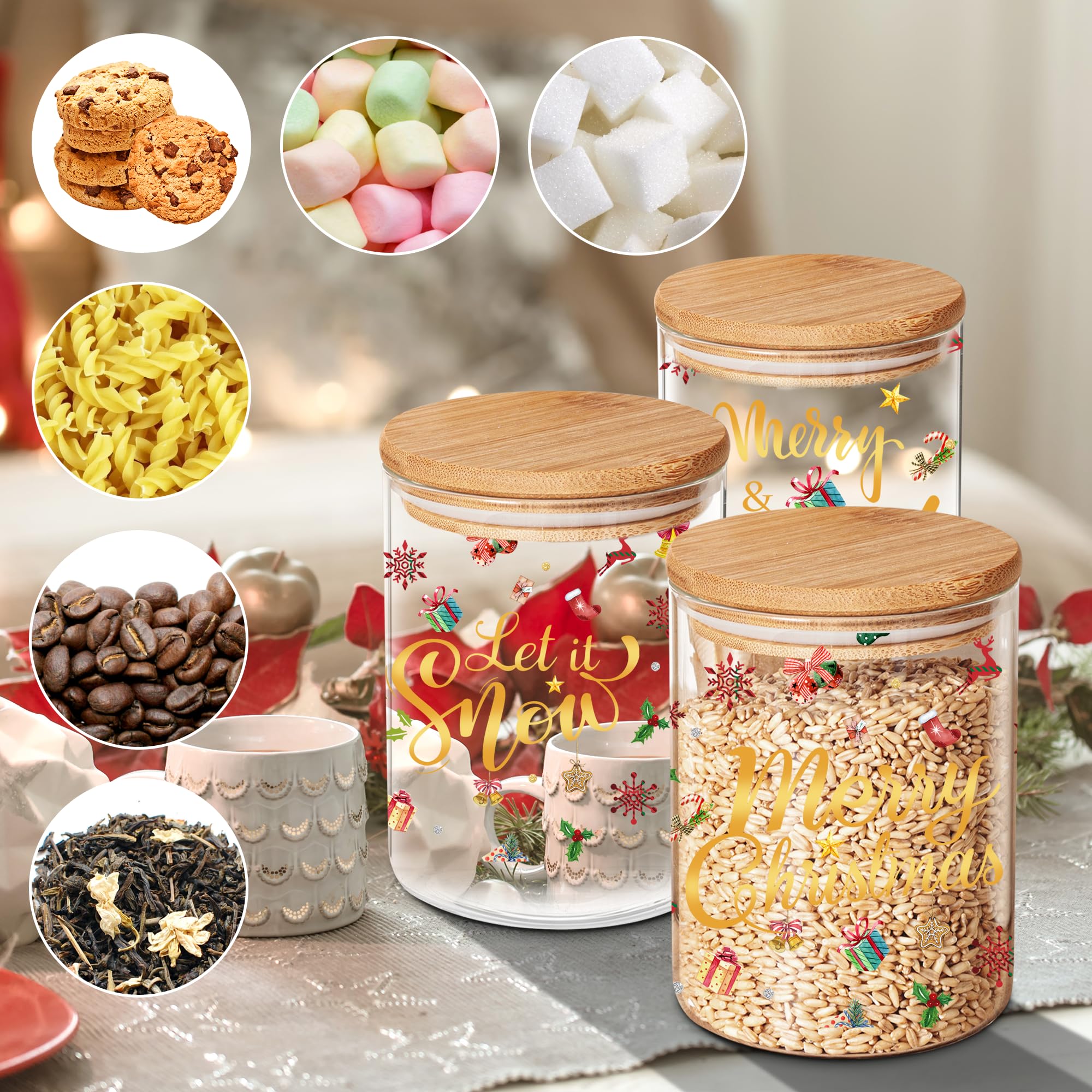 Christmas Decor 3 Pack Glass Storage Jars with Airtight Bamboo Lid - Merry Christmas Canisters Sets for Kitchen Countertop - Clear Christmas Glass Storage Jars for Coffee Bean, Cookie, Candy, Tea