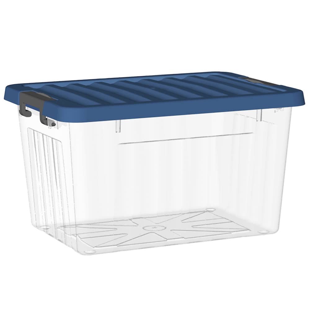 Cetomo 80L*3 Plastic Storage Box,Transparent, Tote box,Organizing Container with Durable blue Lid and Secure Latching Buckles, Stackable and Nestable, 3Pack, with Buckle