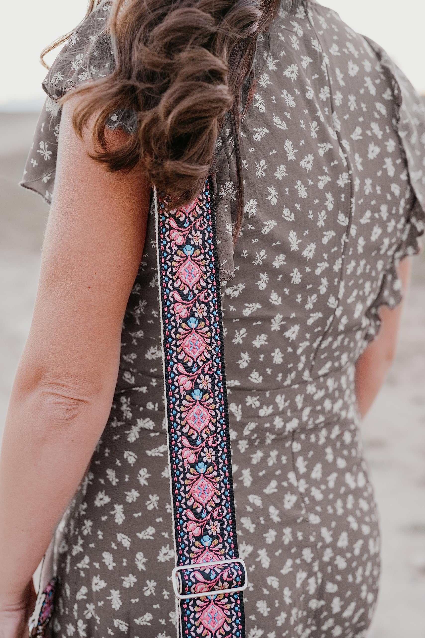 Pink Cotton Handbag Strap & Purse Strap Replacement - Jacquard Woven Embroidered Guitar Strap Styled Shoulder & Crossbody Strap - Adjustable Bag Strap For Tote And Messenger Bags – Silver Hardware