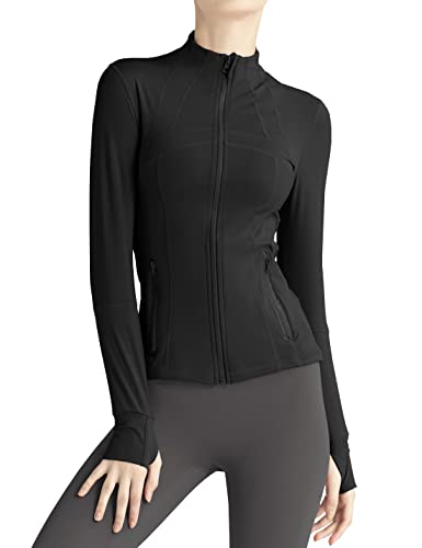 Gacaky Women's Slim Fit Workout Running Track Jackets Full Zip-up Yoga Athletic Jacket with Thumb Holes Black S