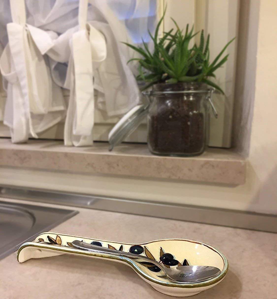 CERAMICHE D'ARTE PARRINI - Italian Ceramic Spoon Rest Holder Decorated Olives Pottery Art Hand Painted Made in ITALY Tuscan