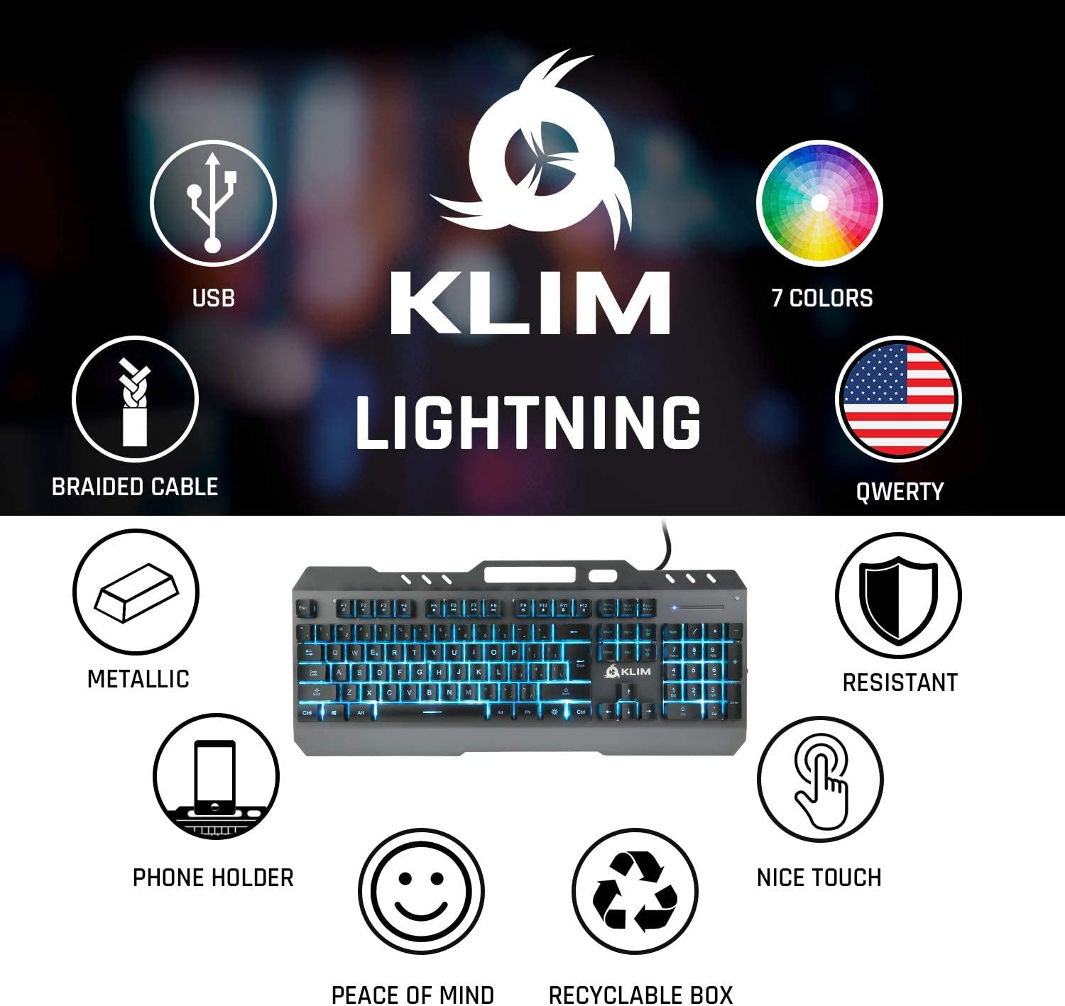 Klim Lightning Semi Mechanical Gaming Keyboard + 7 LED Colors + Metal Frame + Compatible with PC Mac PS4 ps5 Xbox One + Wired Hybrid Keyboard (Renewed)