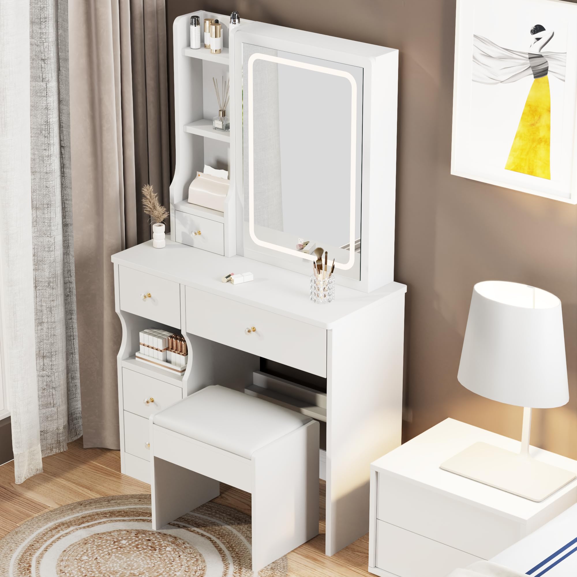 Elevon Small Makeup Vanity Desk with Sliding Mirror LED 3 Lighting Adjustable, Vanity Table Set with 5 Storage Drawer & Chair & Shelves Bedroom Furniture, White