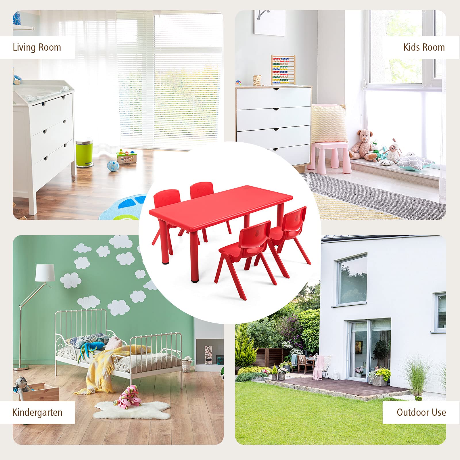 HONEY JOY Kids Table and 4 Chair Set, 48 x 24 Inch Children Rectangular Study Table with Stackable Seats, 4 Pcs Plastic Activity Toddler Furniture Set for Playroom Daycare, Gift for Boys Girls (Red)