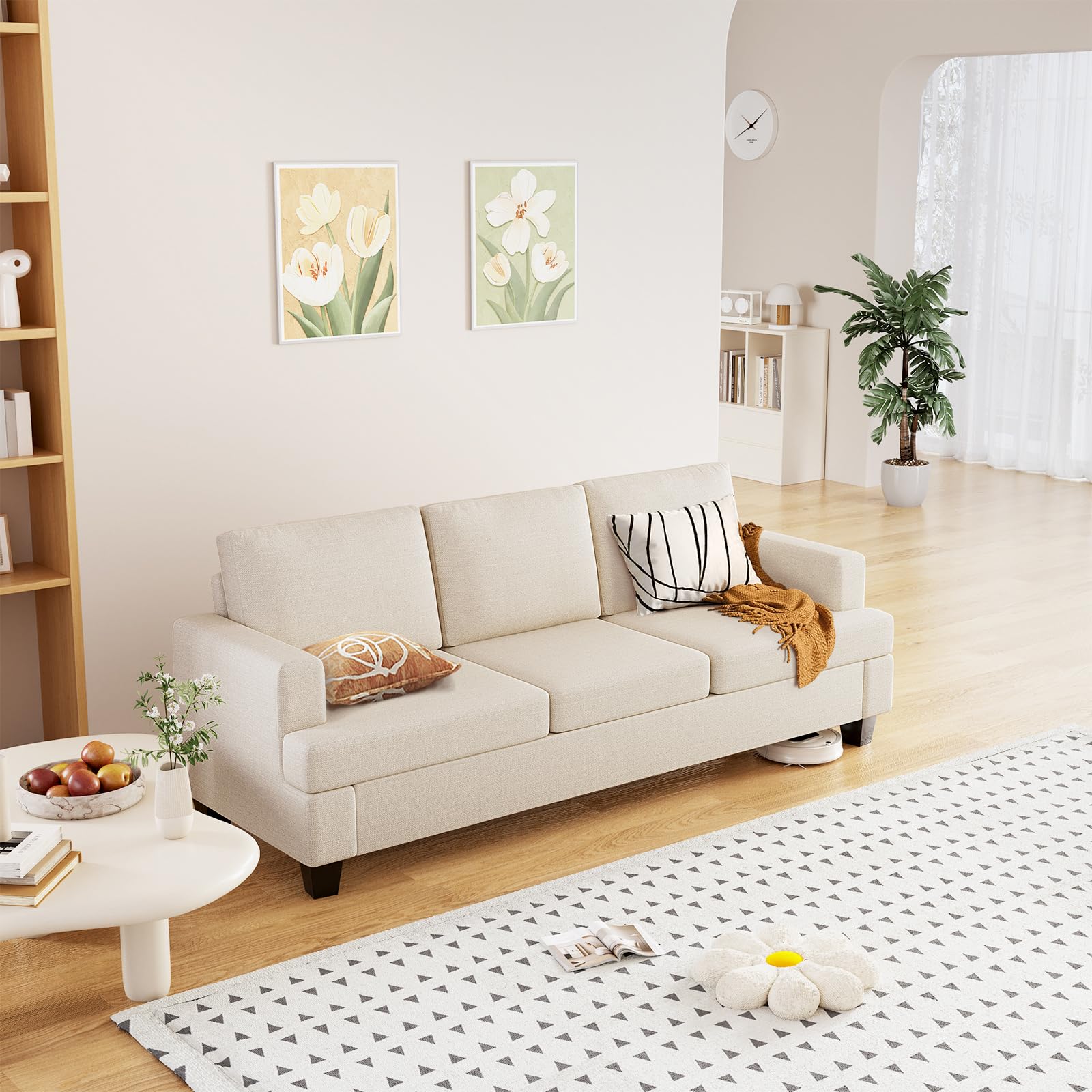 Furnimart 85 inch Deep Seat Sofa, Comfy Cloud Couch for Living Room, Beige Linen Sofa, Modern 3 Seater Couch, Cozy Fluffy Couch with Removable Sofa Cover, Small Couches for Small Spaces