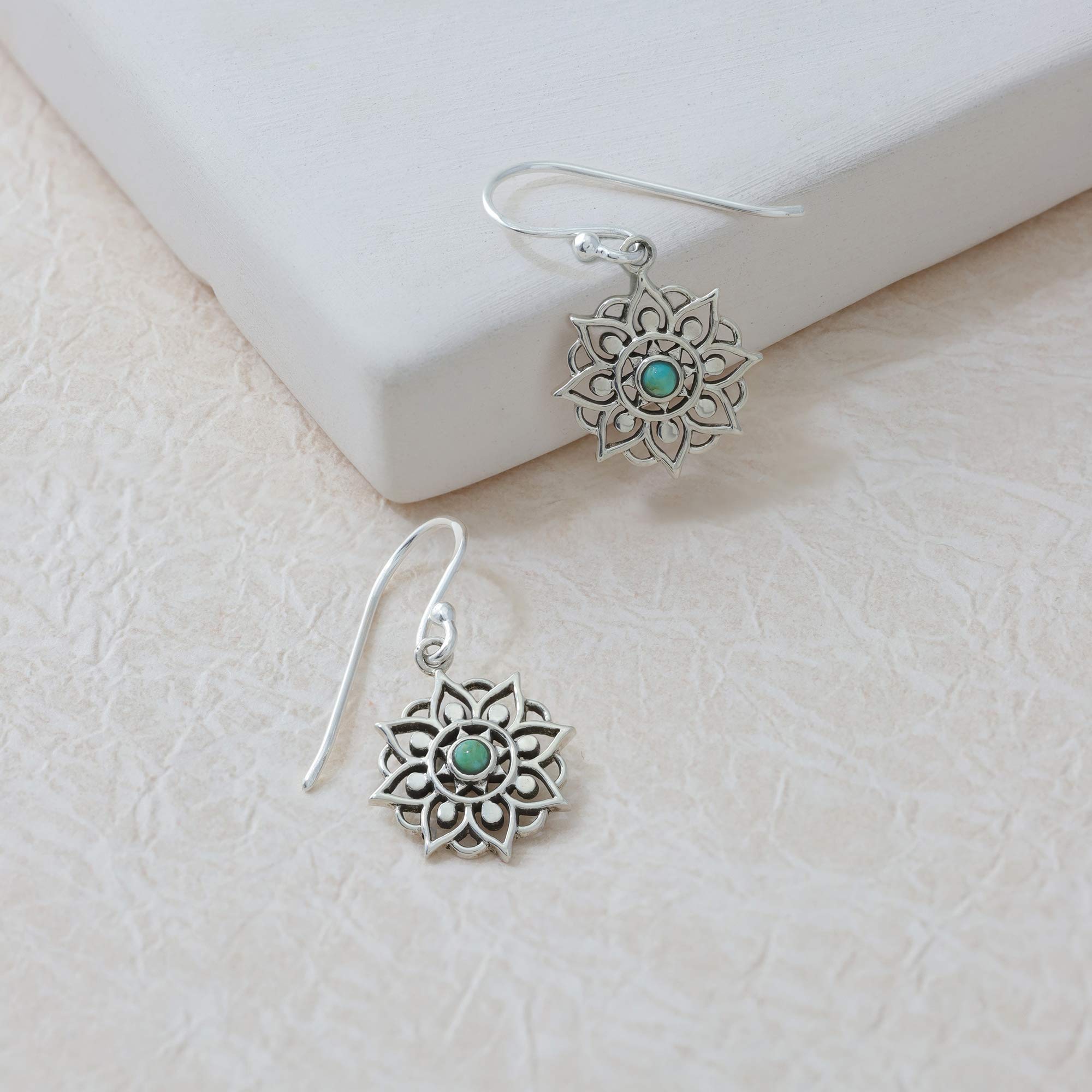 Boma Jewelry Sterling Silver Turquoise Lotus Flower Dangle Earrings