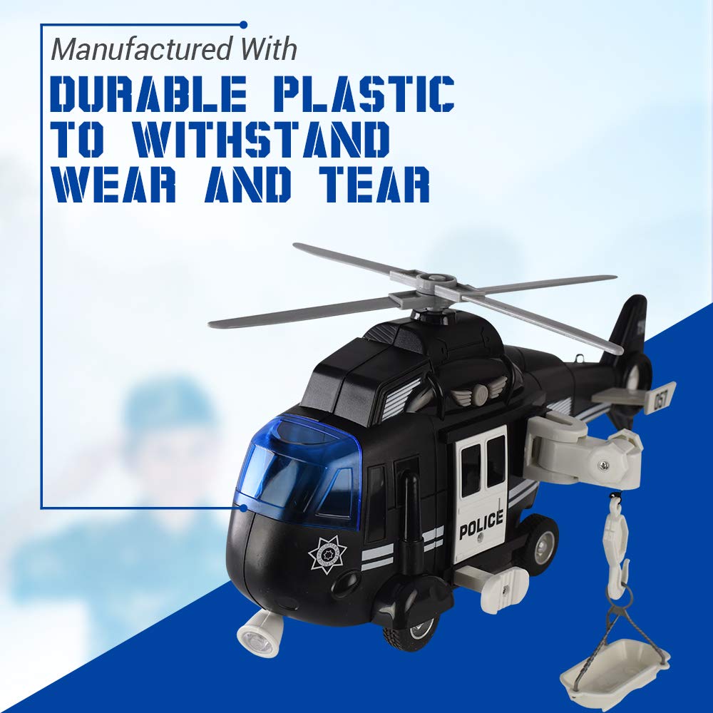 WolVolk Police Helicopter - Solid Built Push & Go Chopper Toy with Lights & Sounds - Aids Hand-Eye Coordination for Kids Boys & Girls (Black)
